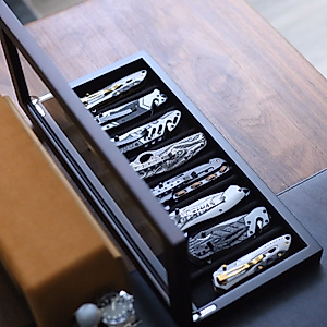 Besforu Knife Display Case Organizer storage 8 pocket knives, Folding Knife Holder with Real Glass Window Top， Pocket knife collection box for men gift (Ebony Veneer 8 slot)