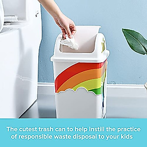 Rainbow Trash Can - Cute Waste Basket for Kids Room - 9.6”x9.6”x15.7” Indoor Swing Top Trash Can with Lid - Garbage Can for School & Daycare - Swivel Touchless Garbage Cans - White Plastic Trash Can