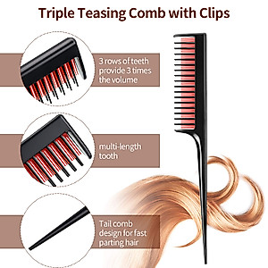3 Pieces Teasing Comb for Women Include 2 Triple Teasing Comb Rat Tail Combs and Boar Bristle Brushes Comb for Stylist Men Backcombing Slicking Curly Thick Wet Hair