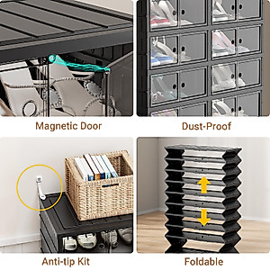 BROVIEW 9 Tiers 36 Pairs Foldable Shoe Rack, Tall Plastic Shoe Boxes Organizer for Closet Entryway, Large Shoe Storage Container Sneaker Cabinet Bin with Magnetic Clear Door, Black