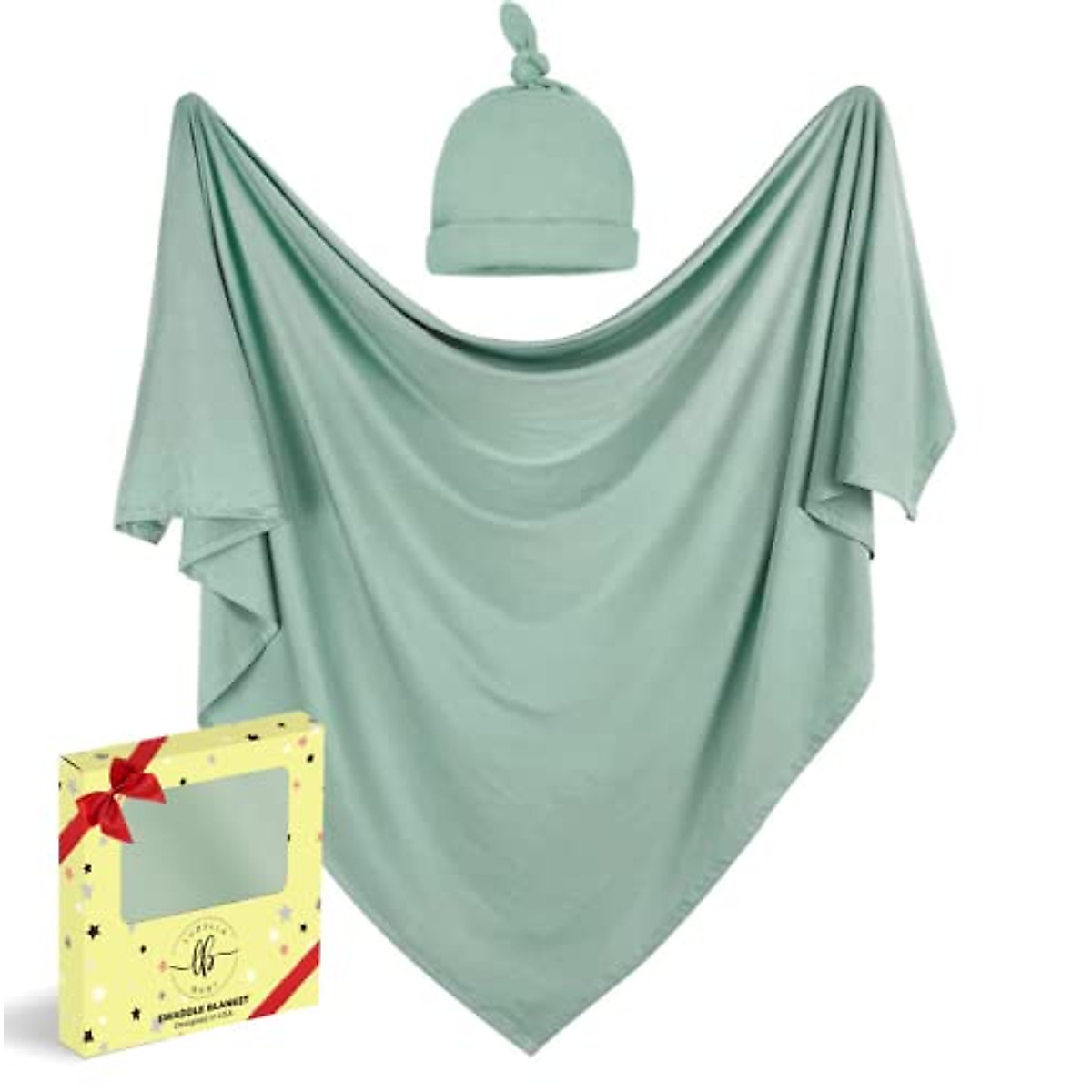 LUBELLA SUPPLY COMPANY Stretchy Swaddle Blankets for Baby Boy & Girl - Newborn Swaddles 0-3 Month - Large 47" Bamboo Swaddle Blankets and Hat Set (Sage Green)