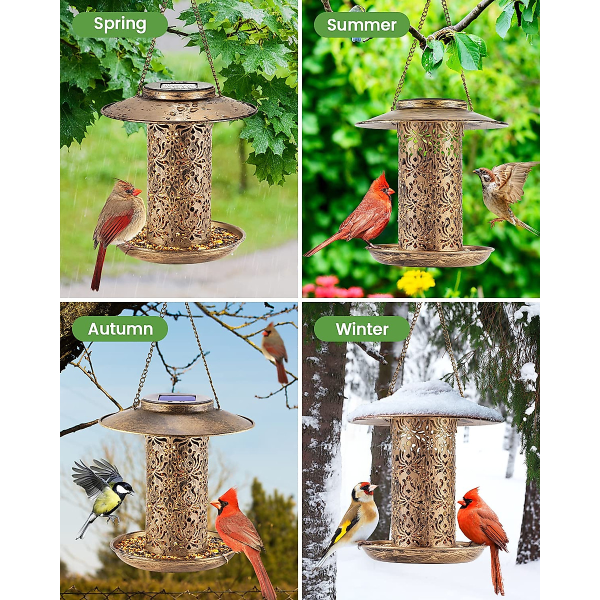 SWEETFULL Solar Bird Feeder for Outdoors Hanging, Metal Wild Bird Feeder for Cardinals Solar Garden Lantern with S Hook as Gift Ideas for Bird Lovers (2LBs Heavy Duty Weather Resistance birdfeeders)