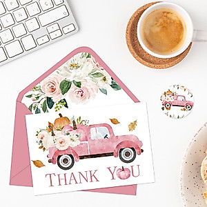 Whaline 24 Pack Fall Thank You Cards Bulk Pink Truck Pumpkin Floral Greeting Cards with Envelopes Stickers Blank Note Cards for Autumn Thanksgiving Wedding Bridal Baby Shower