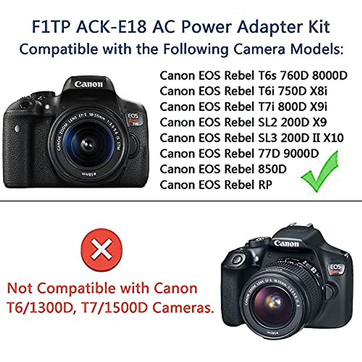 F1TP ACK-E18 AC Power Supply Adapter DR-E18 DC Coupler Kit for Canon EOS Rebel T6i T7i SL2 SL3 RP R10 T6s T8i 77D 200D 250D 750D 760D 800D 850D Cameras.