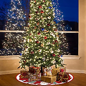 FYY Christmas Tree Skirt, 48 Inch Soft Plush Xmas Tree Skirt, Large Red Christmas Tree Ornaments Mat with Snowman Snowy Pattern for Christmas Decorations Holiday Party Home Decor