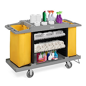 TUFFIOM Industrial Multifunctional Hotel Cart,Commercial Traditional Cleaning Janitorial Room Service Housekeeping Cart, 39" H x 58" W x 21" D
