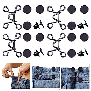 Urmspst 4 Set Pant Waist Tightener, Adjustable Waist Buckle Set, Extra Button for Jeans to Make Tighter, Button Adjuster for Pants, Jeans, Skirts, Sleeves, (Black)