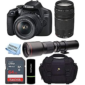 Inspire Digital Canon EOS Rebel 2000D DSLR Camera with 18-55mm is II Lens Bundle + Canon EF 75-300mm f/4-5.6 III Lens and 500mm Preset Lens + 64GB Memory + Padded Case (Renewed)