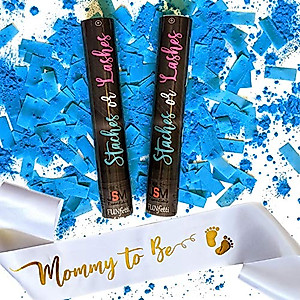 Gender Reveal Cannon Blue Confetti and Powder Popper for Themed Baby Boy or Girl Gender Reveal Party and Celebration (Staches Or Lashes, What Will You Be?) Set of 2 Poppers. (Blue Confetti & Powder, Set of 2)