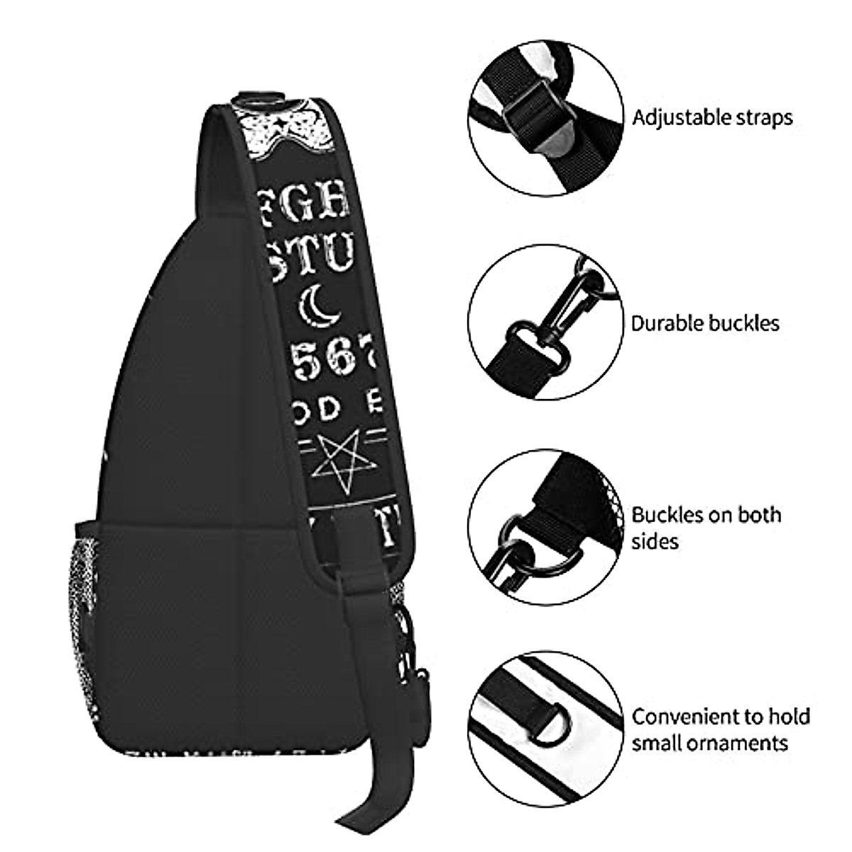 Men's Casual Crossbody Bags Vintage Skeleton Magic Ouija Board Black Backpack for Cycling and Travel, Fashion Sling Shoulder Backpack with Zipper Pocket for Hiking Outdoor Activities