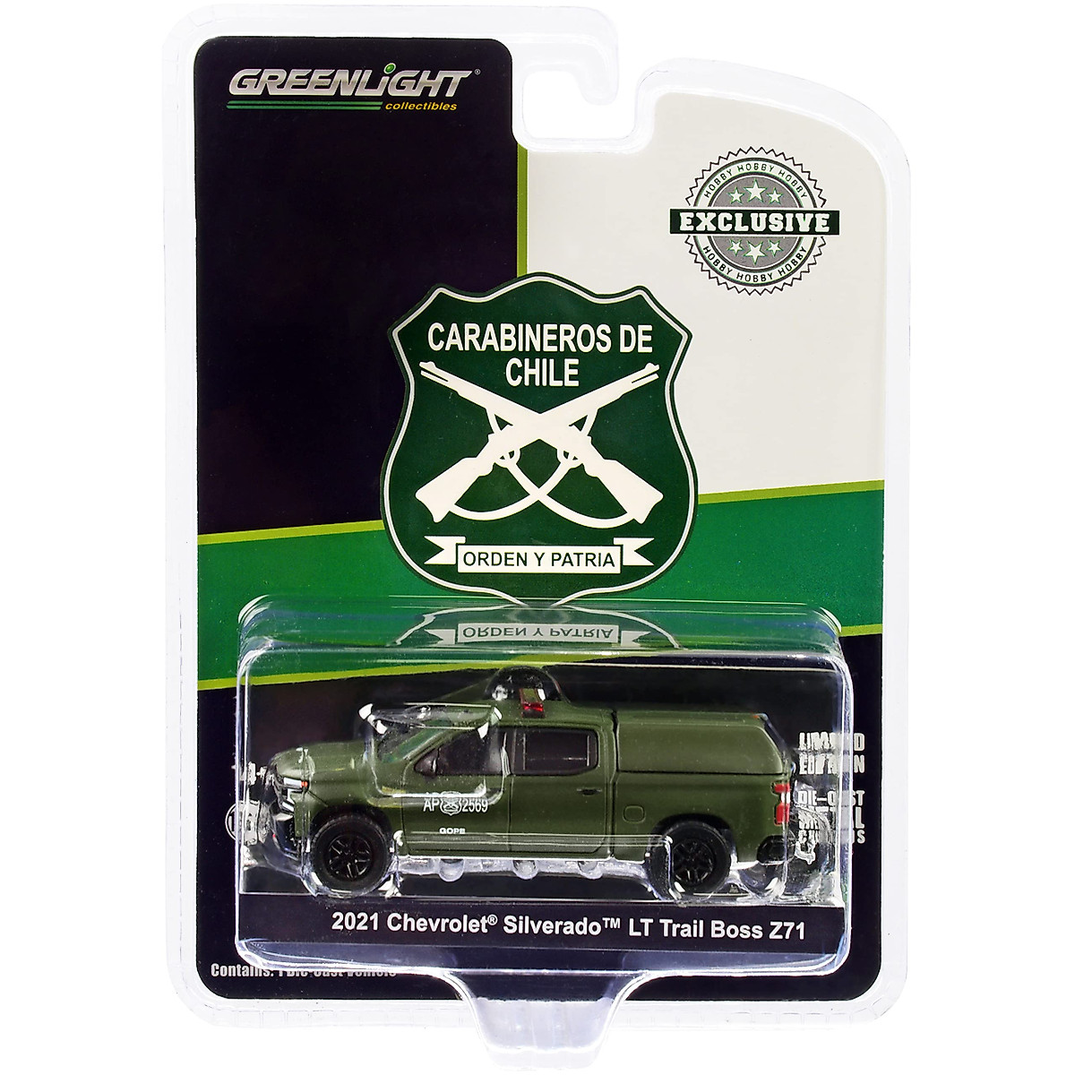2021 Chevy Silverado LT Trail Boss Z71 Pickup Truck w/Camper Shell Matt Green Carabineros de Chile 1/64 Diecast Model Car by Greenlight