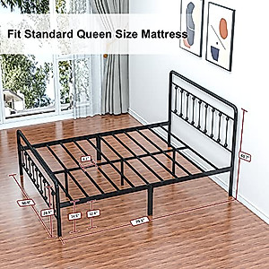 Noillats Metal Queen Bed Frame, Vintage Headboard and Footboard, Sturdy Steel Strip Support Mattress Base, No Box Spring Required, Easy to Assemble, Steel Grey