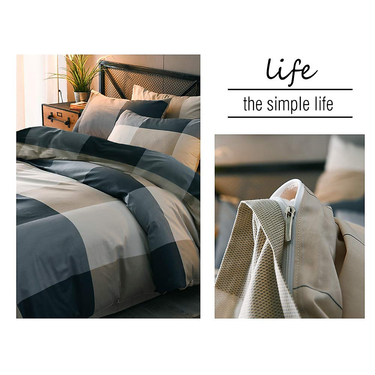 mixinni Luxury 3 Pieces Duvet Cover Sets King Size Geometric Checkered Bedding Cover for Men Women Soft Cotton Grey Beige Plaid Bedding Set with Zipper Ties