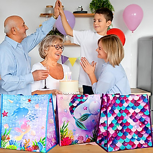 BLEWINDZ Large Gift Bags with Tissues – 3Pcs Mermaid Girls Kids Tote Reusable Gift Bags with Handles for Birthday Party Favors, Baby Showers, Shoppings (13" x 7" x 13.2")