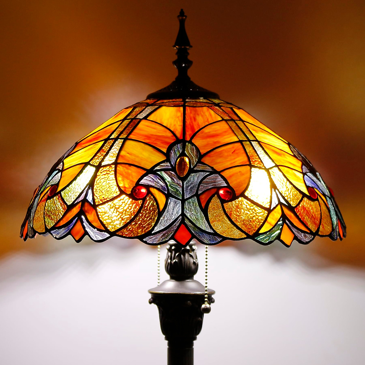 WERFACTORY Tiffany Floor Lamp Red Brown Liaison Stained Glass Standing Reading Light 16X16X64 Inches Antique Pole Corner Lamp Decor Bedroom Living Room Home Office S160R Series