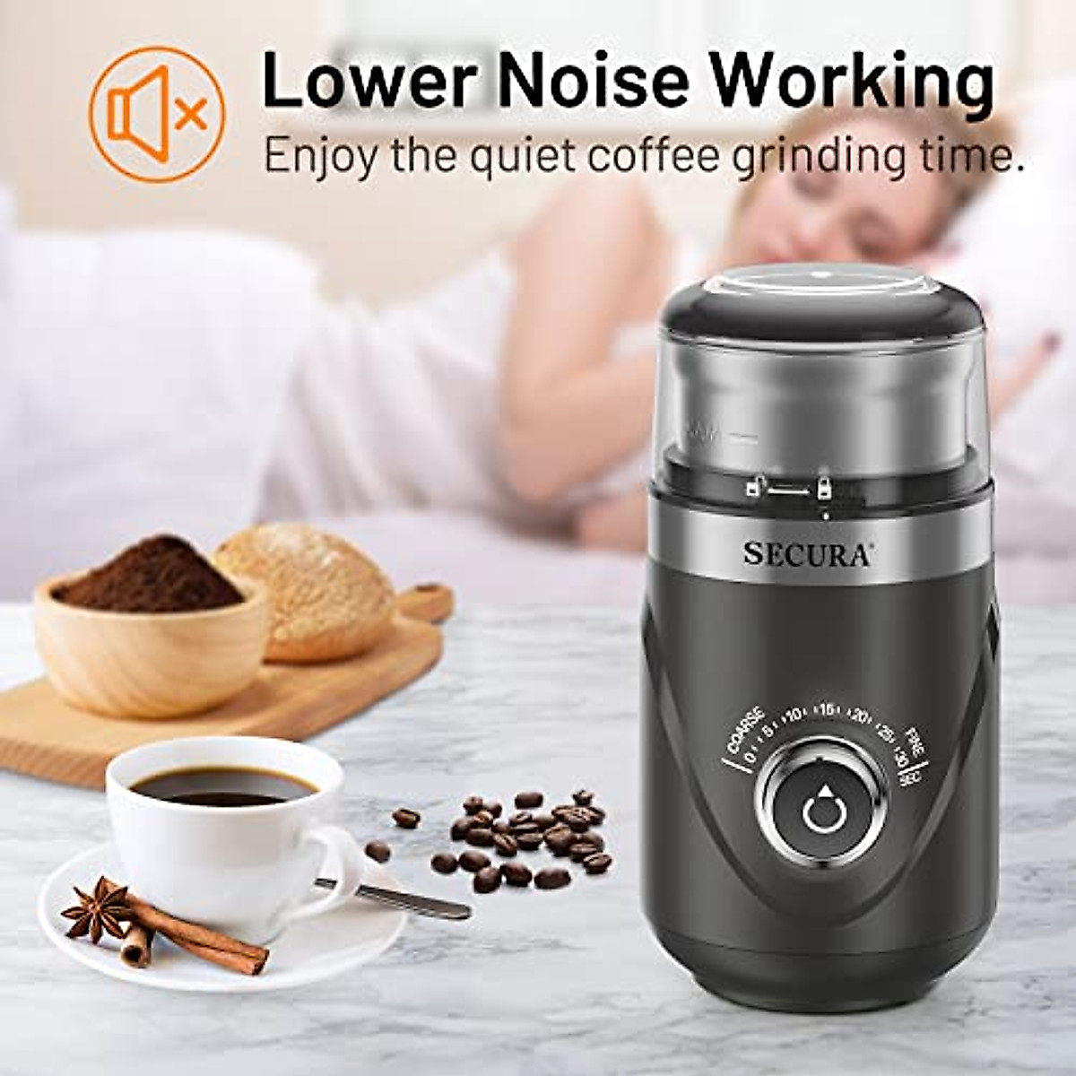 Secura Adjustable Coffee Grinder Electric, Spice Grinder Electric, Coffee Bean Grinder, Multipurpose Grinder for Spices, Herbs, Nuts, Grains with 1 Stainless Steel Blades Removable Bowl, Grey