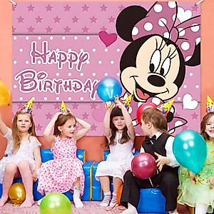 7X5 FT Pink Cartoon Mouse Backdrop Happy Birthday Washable Photography Background Party Supplies Decoration Banner for Little Princess Girls Kids