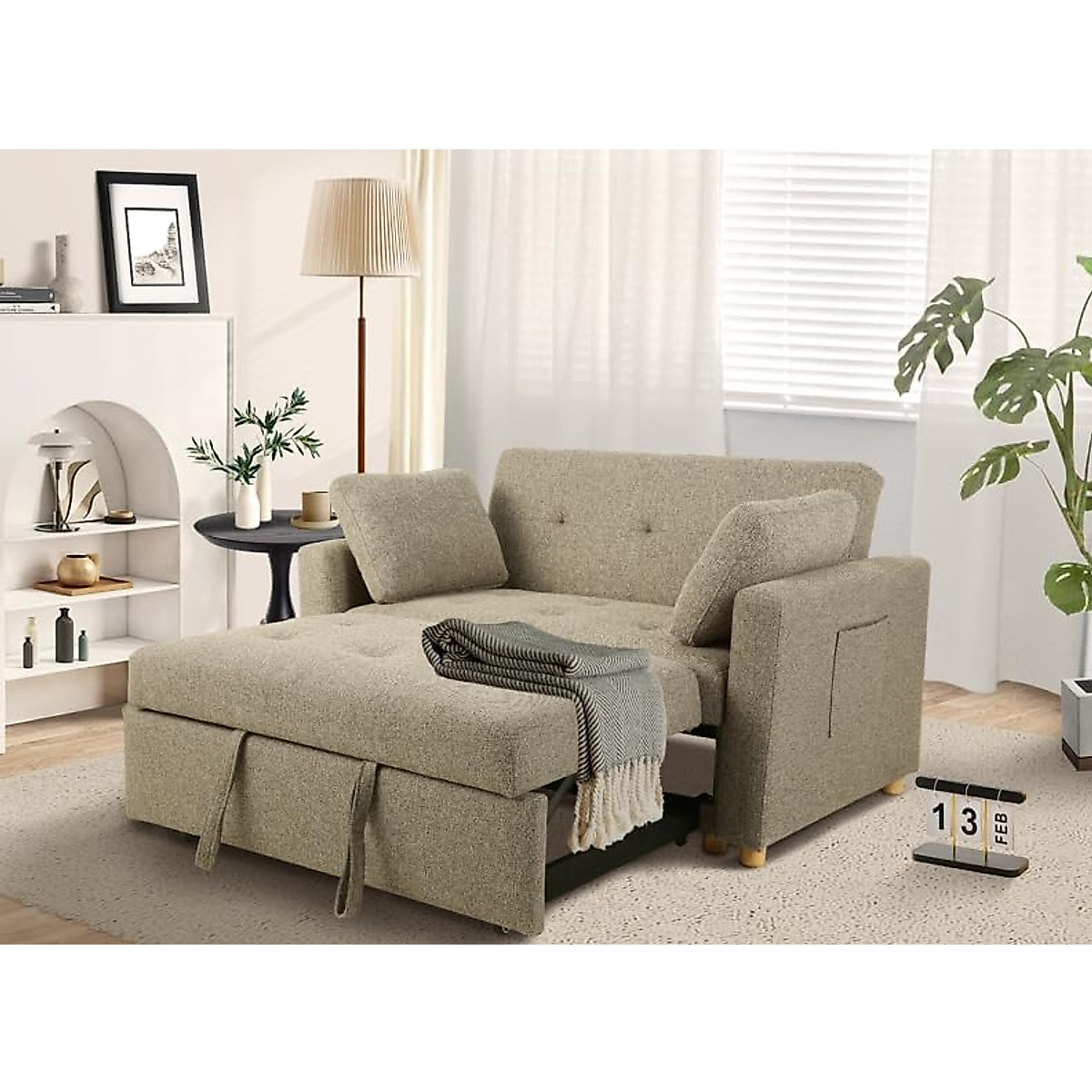 SEJOV 3-in-1 Convertible Sofa Bed, Linen Fabric Pull Out Couch Bed, Adjustable Backrest Futon Sofa Chair, Loveseat which Easy to Assembly, Sturdy Recliner for Living Room, Apartment, Brown Grey