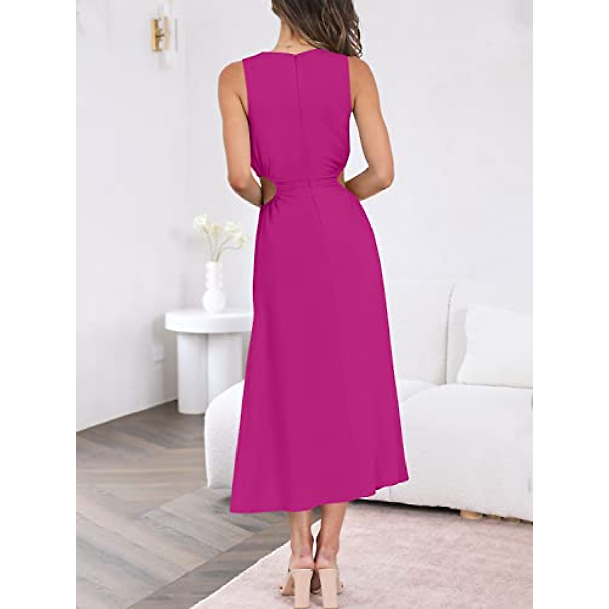 ANRABESS Women's Summer Sleeveless Cutout Maxi Dress Bodycon Slit Beach Wedding Guest Dresses 875meihong-M Rose