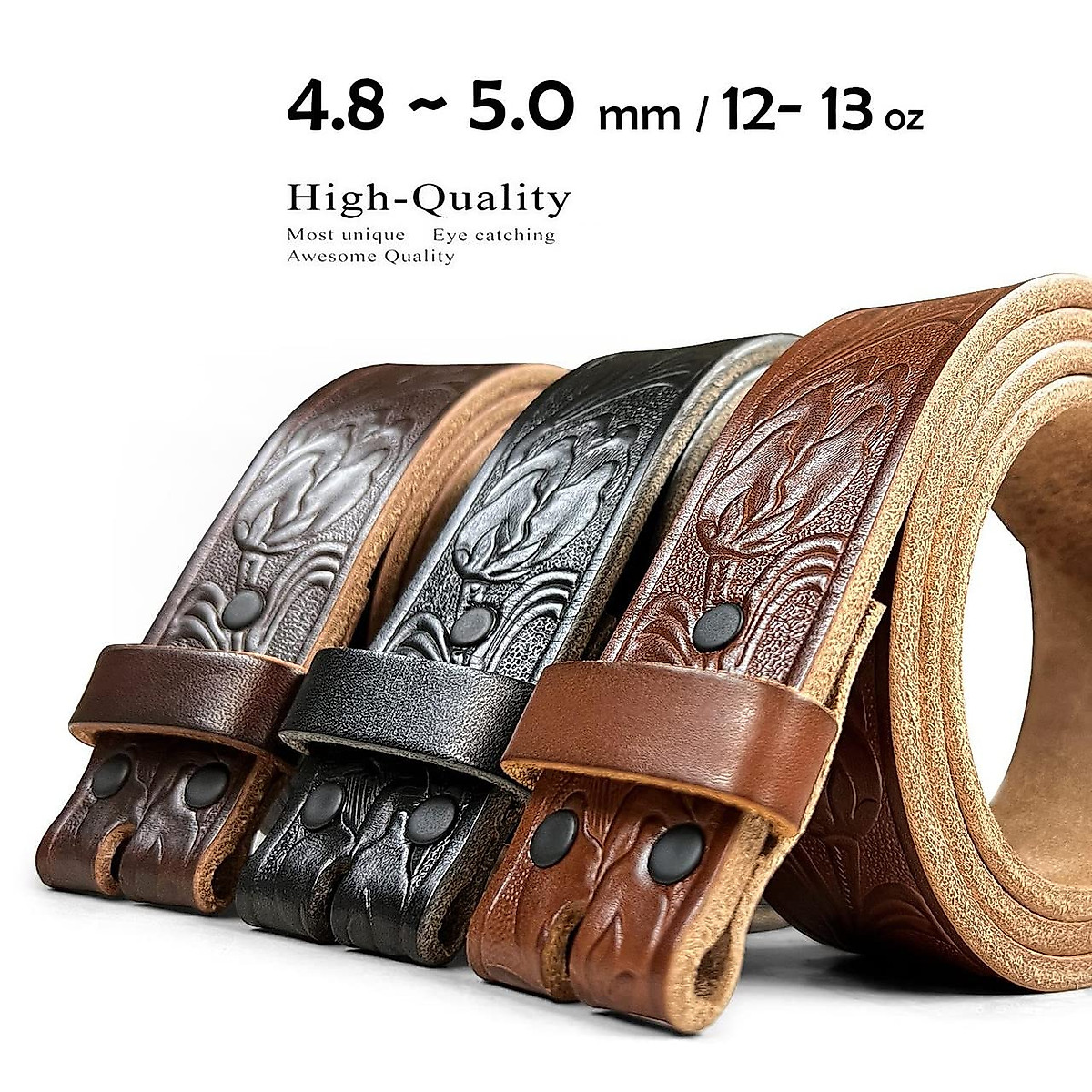 BS230 Men's Heavy-Duty Strap Genuine Full Grain Western Floral Engraved Tooled Leather Belt Strap 1-1/2"(38mm) Wide (Tan, 34)