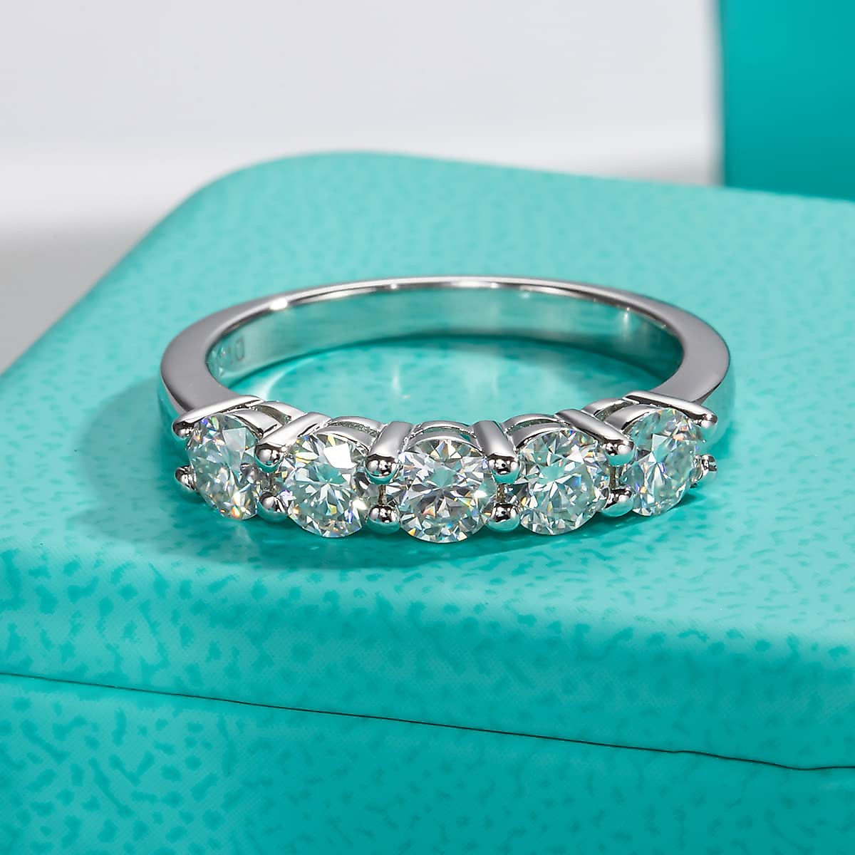 AnuClub 5 Stone Moissanite Ring 1.5cttw D Color Lab Diamond Gold Plated Silver Half Eternity Anniversary Wedding Band Ring With Certificate