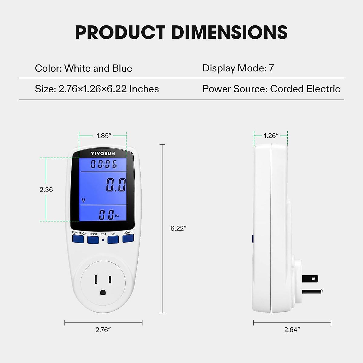 VIVOSUN Upgraded Electricity Usage Monitor, Plug-in Power Meter, Watt Voltage Amps Meter with Backlight LED, Home Energy Monitor, Overload Protection and 7 Display Modes for Energy Saving