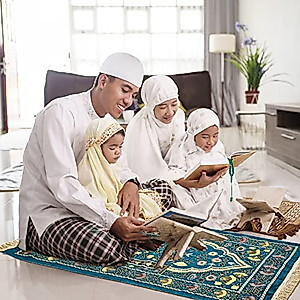 Boyiee Muslim Prayer Rug Padded Islamic Turkish Velvet Prayer Mats Portable Green Moon Star Prayer Beads and White Knit Prayer Hat Ramadan Gifts Eid Gifts for Praying Men, Women, and Kids