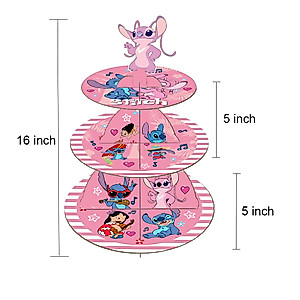Stitch Birthday Decorations, 3 Tier Pink Cake Stands for Party, Lilo and Stitch Party Supplies Cupcake Holder, Boys Girls Birthday Baby Shower Party Supplies