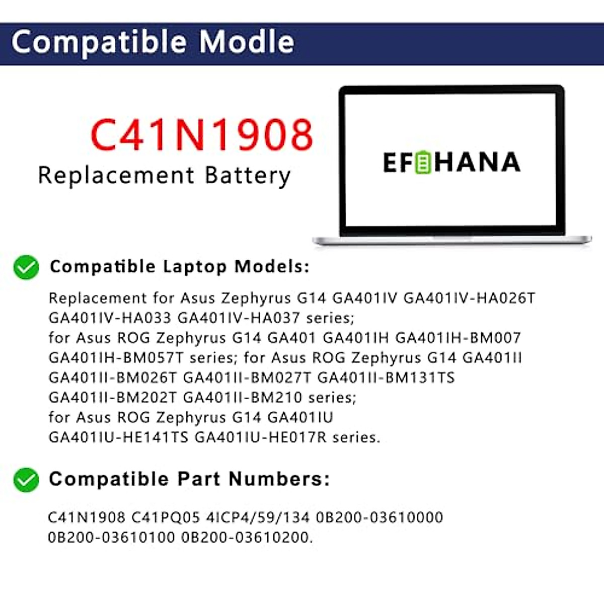 C41N1908 Laptop Battery Replace for Asus ROG Zephyrus G14 GA401IU GA401IH GA401IV GA401IHR GA401 GA401II GA401QC GA401QH GA401QM GA401QE Series 0B200-03610000 0B200-03610100 C41PQ05 4ICP4/59/134