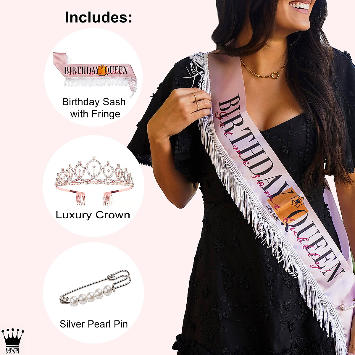 Elevate Sash Luxury Birthday Queen Sash & Tiara Set for Women - Elegant Pink Sash with Fringe, Premium Pink Tiara, Rhinestone Crown and Headband with Deluxe Pearl Pin for Adjustable size