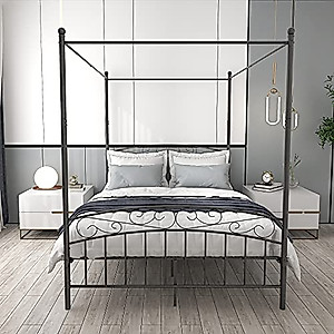 RYR Sturdy Metal Canopy Bed Frame Four-Poster Platform Bed Queen Size with Headboard and Footboard,Metal Slat Support No Noise No Box Spring Required Black