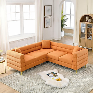 Antetek L-Shaped Sectional Couches, Modern Teddy Fabric Upholstered Chaise Lounge Sofa Couch with Square Arm and 4 Golden Metal Legs for Living Room, Office, Orange
