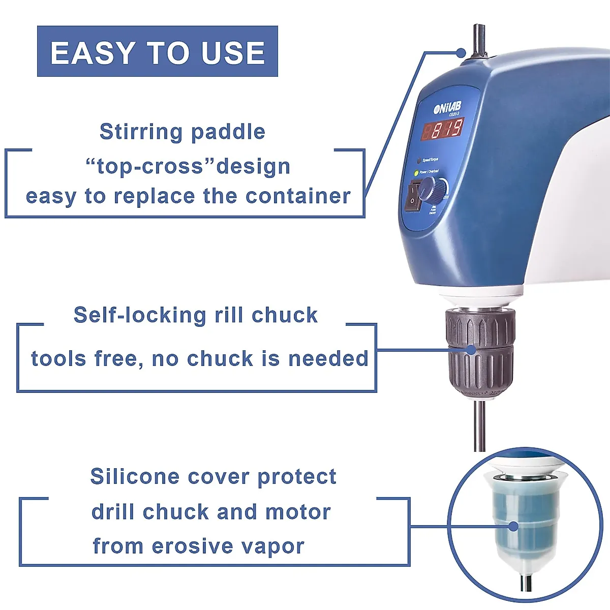 ONiLAB Electric Overhead Stirrer, LED Digital Overhead Stirrer Mixer with Stirring Rod，20L ，10000 mPas ， 50~2200RPM, Aluminum Alloy(Stirrer only, Stand not Included)