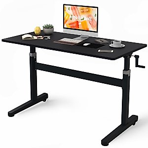 Win Up Time Manual Standing Desk Adjustable Height Heavy Duty- Crank Mobile Standing Desk 48 x 24 Inches Sit Stand Desk Frame & Top, Stand Up Desk on Wheels, Computer Desk Black Frame & Black