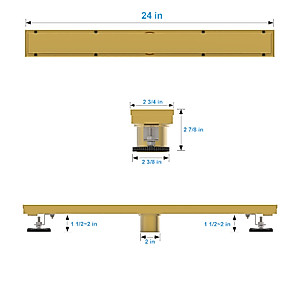 WEBANG 24 Inch Shower Linear Gold Drain Rectangular Floor Drain with Accessories Reversible 2-in-1 Cover Tile Insert Grate Removable SUS304 Stainless Steel CUPC Certified Brushed Gold Brass