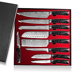 ROYAL SIGNET Kitchen knife sets, 3.5-8 inch set boxed knives 400 stainless steel ultra-sharp Japanese knives, damascu knife set, 10 tactical pieces knife set for chefs (Black Resin)
