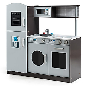 HONEY JOY Kids Kitchen Playset, Wooden Little Chef Pretend Toy Kitchen Set w/Sounds, Sink, Stove, Microwave, Storage Cabinet, Shop List, Play Kitchen for Toddlers, Gift for Boys Girls 3+, Gray