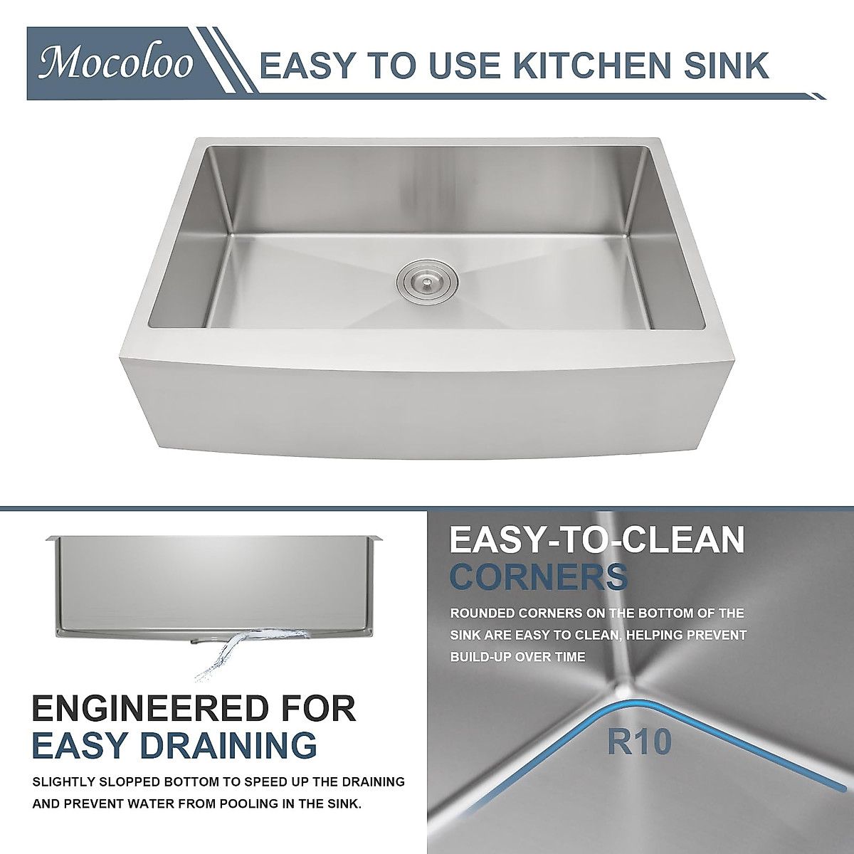 33 Inch Farmhouse Kitchen Sink - Mocoloo 33 Inch Stainless Steel Sink 16 Gauge Deep Single Bowl Undermount Apron Front Farm Sinks