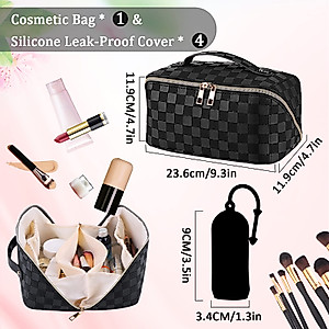 EVELOMO Large Capacity Travel Cosmetic Bag, PU Leather Waterproof Cosmetic Bag, Women Portable Travel Makeup Bag, Multifunctional Makeup Bag Organizer with 4 Silicone Leak Proof Sleeves (Black)
