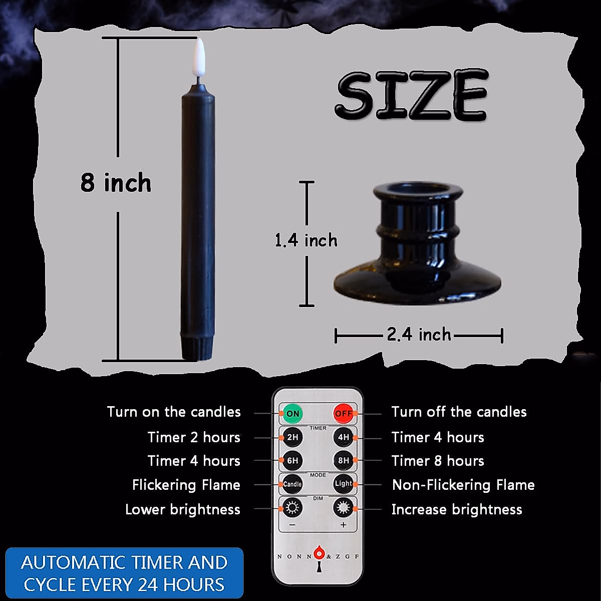 NONNO & ZGF 6PACK Real Wax Black Flameless 8'' Battery Powered Windows Candles with Remote and Timer & Candlestick. Removable Black Candleholders, Patented