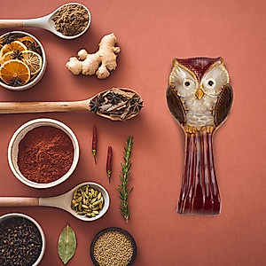 Yardwe Spoon Holder Ceramic Spoon Rest Soup Ladle Rack Owl Spoon Rest Cooking Utensil Ladle Shovel Rest Holder for Kitchen Dining Table Coffee Station Red Coffee Spoon Holder