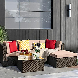 Flamaker Patio Furniture 5 Piece Outdoor Wicker Sectional Sofa with Thick Cushions & Tempered Glass Table Patio Couch Set for Deck, Porch, Terrace (Beige)
