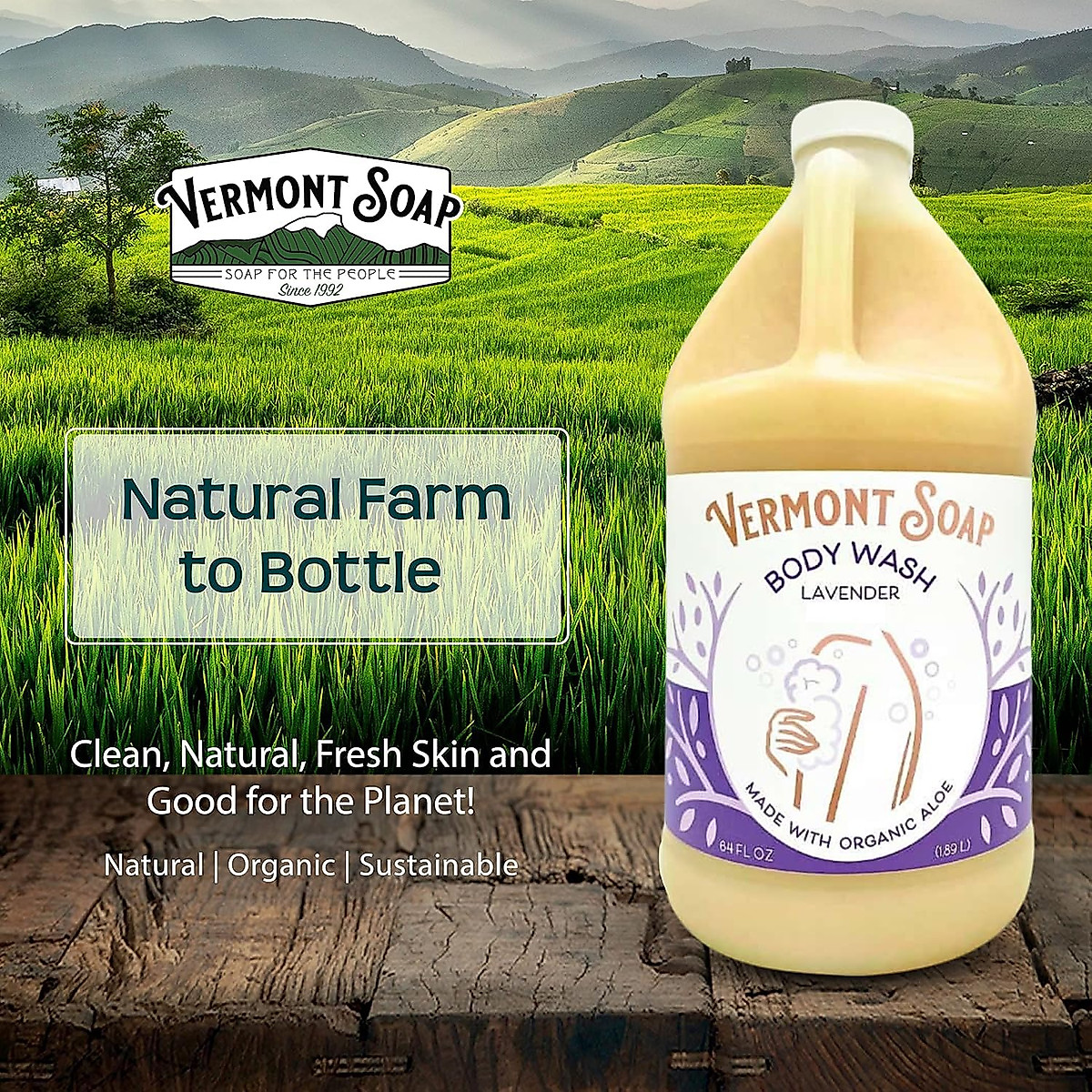 VERMONT SOAP Natural Body Wash with Shea Butter, Mild Gel Body Wash for Moisturizing and Soothing Skin, Fragrance Free Body Wash for Women & Men (Lavender, 64oz)