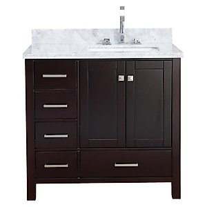 ARIEL Cambridge A037SRCWRVOESP 37” Inch Single Right Offset Rectangular Sink Solid Wood Espresso Bathroom Vanity with 1.5" Inch Edge White Carrara Marble Countertop