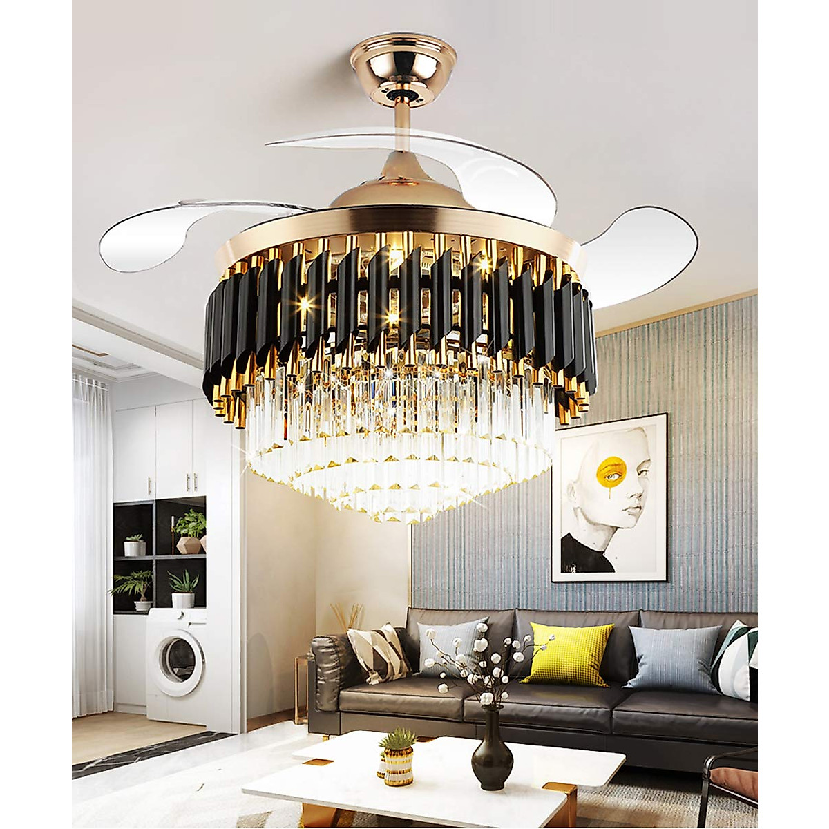 Fandian 42" Crystal Ceiling Fan with Light Remote Control Chandelier Retractable Fandelier, Luxury 3 Color Lighting for Dining Room, Living Room