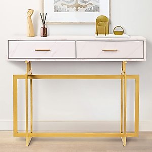 3imothrix Console Table with 2 Drawers, 39.37" Narrow Entryway Table Sofa Table for Hallway, Entrance Hall, Foyer, Corridor, Living Room, Faux Marble, Gold Base