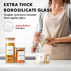 Square Glass Storage Containers with Bamboo Lids 12-Pack (4x 30 oz, 8x 17 oz) Airtight Storage Jars with Lids for Food, Stackable Kitchen Canisters with 114 Labels for Pantry [Thicker Glass 3mm]