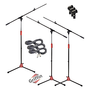 Microphone Boom Stand with XLR Mic Cable & Clip (Pack of 3) by GRIFFIN | Telescoping Arm Tripod Legs for Studio Recording Accessories, Singing Vocal Karaoke, Live Stage | 20ft Pro Audio Mic Cord Wire
