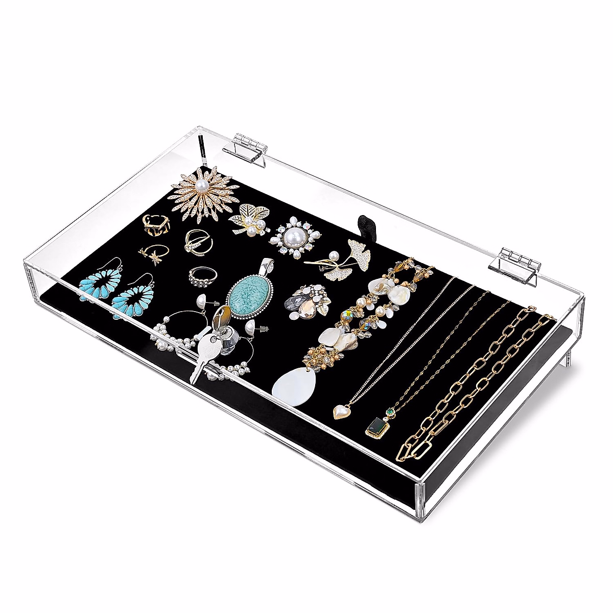 MOOCA Acrylic Rectangular Marketing Holder Locking Security Showcase Safe Box Display Tray, Perfect for Watches Jewelry, Knives, Eyewear with a Key and a Black Padding