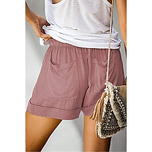 CILKOO Womens Casual Solid Drawstring Solid Elastic Waist Comfy Cotton Linen Shorts Beach Linen Shorts Pants Pockets Pink US8-10 Medium